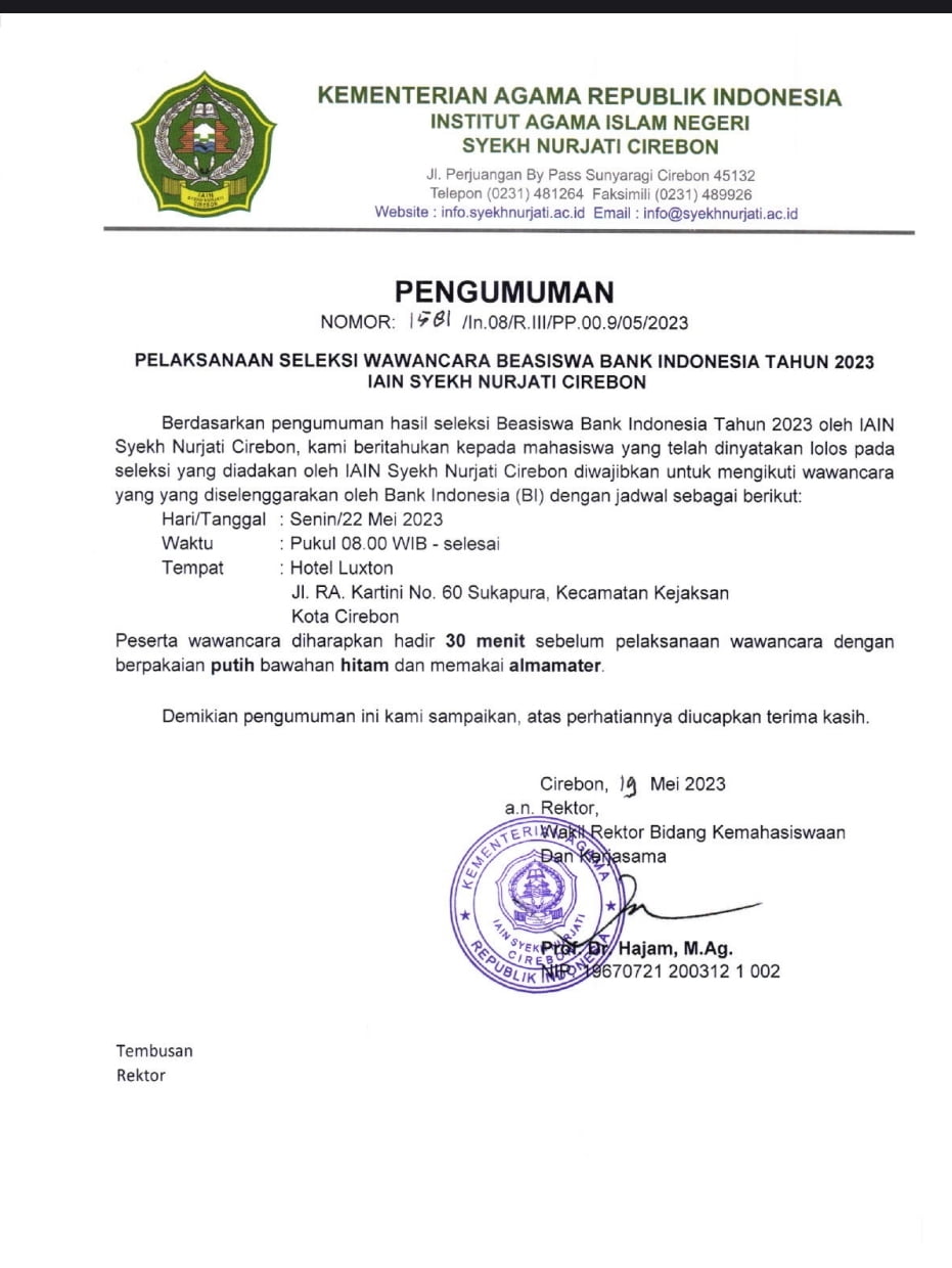 Pengumuman Pelaksanaan Seleksi Wawancara Beasiswa BI Tahun 2023 - UIN ... Pengumuman Pelaksanaan Seleksi Wawancara Beasiswa BI Tahun 2023 - UIN ...